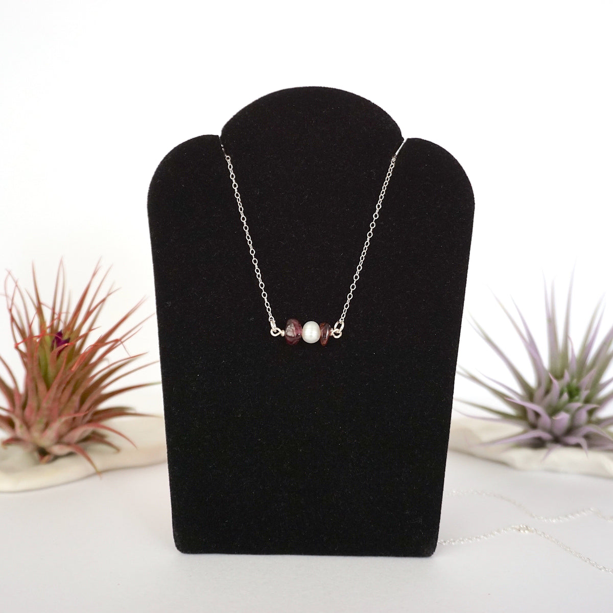 Garnet & Pearl Bar Necklace in Sterling Silver | Handmade – Designs by ...