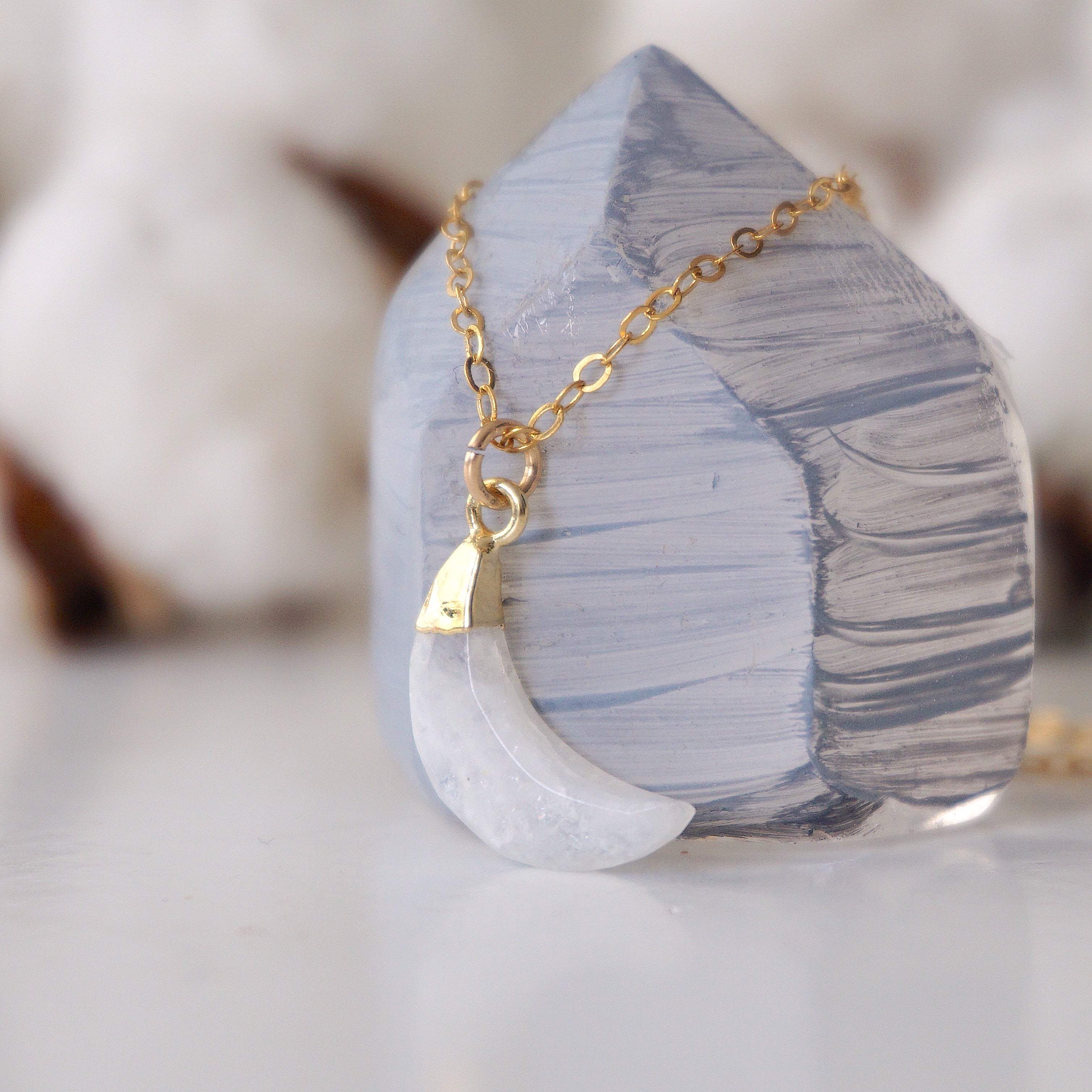 Rainbow Moonstone Necklace - 14K Crescent Moon Charm – Designs by Nature Gems