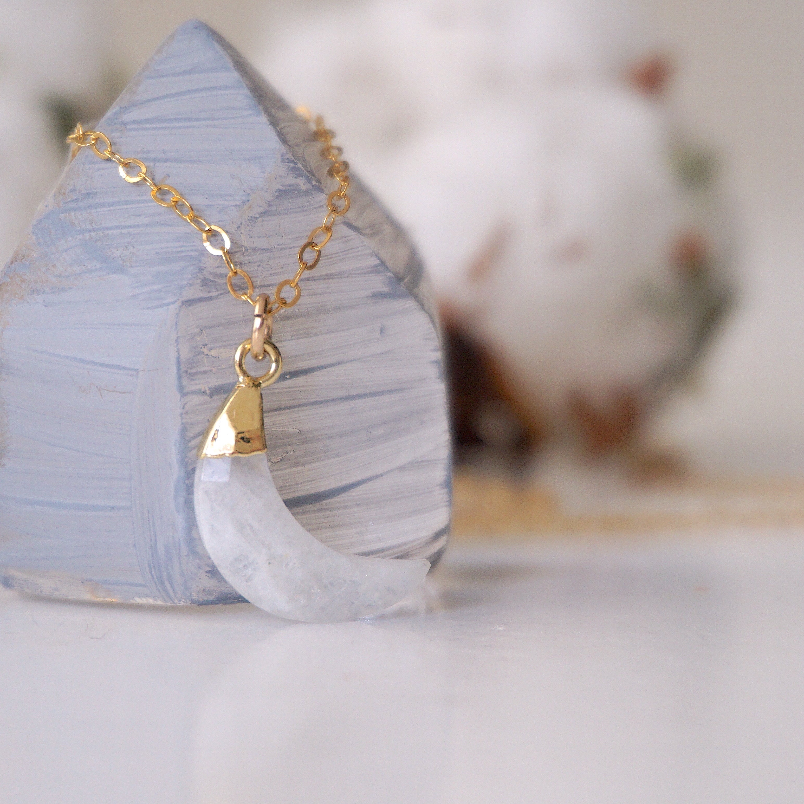 Rainbow Moonstone Necklace - 14K Crescent Moon Charm – Designs by Nature Gems