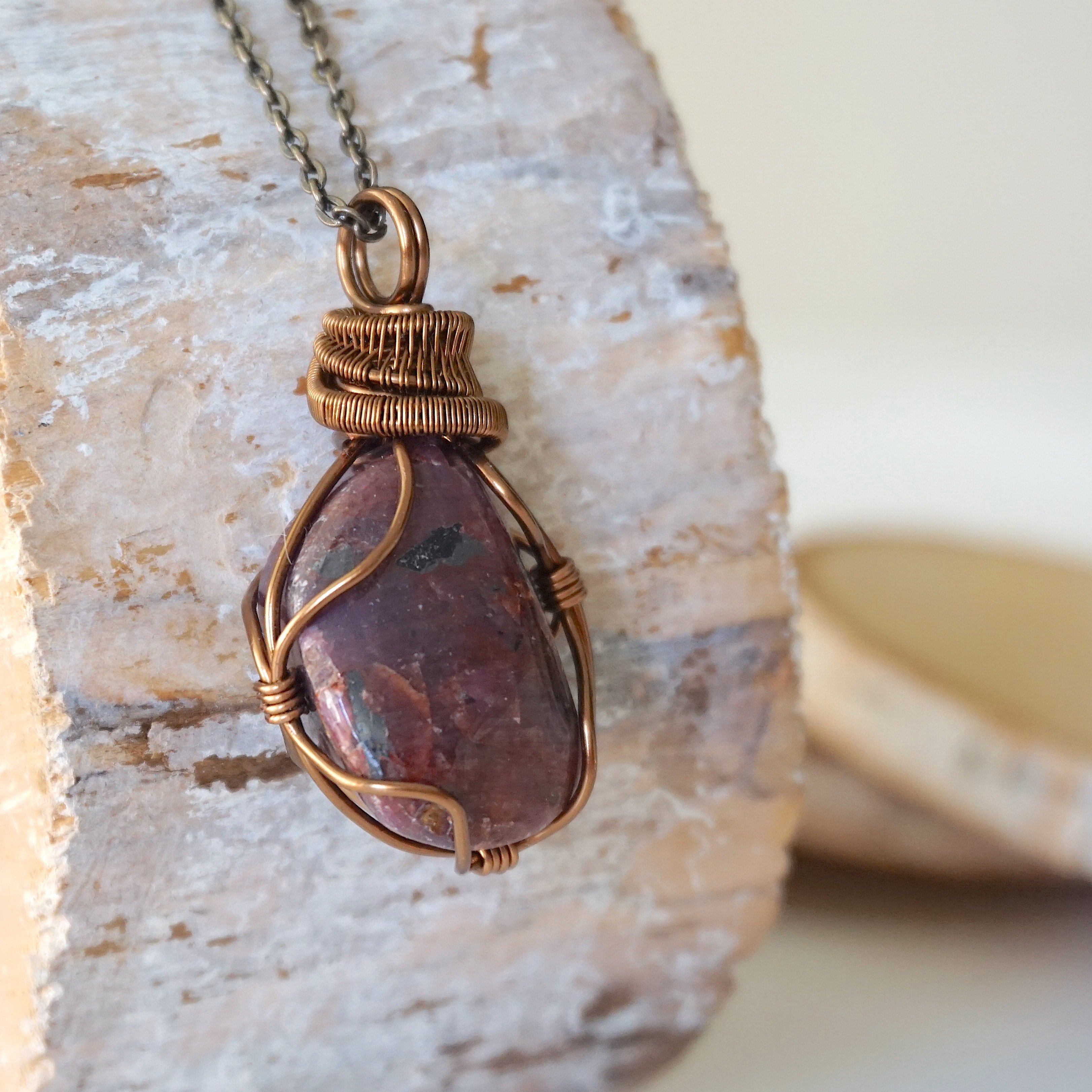 Raw Ruby Crystal Necklace - Antique Bronze Wire - July Birthstone ...