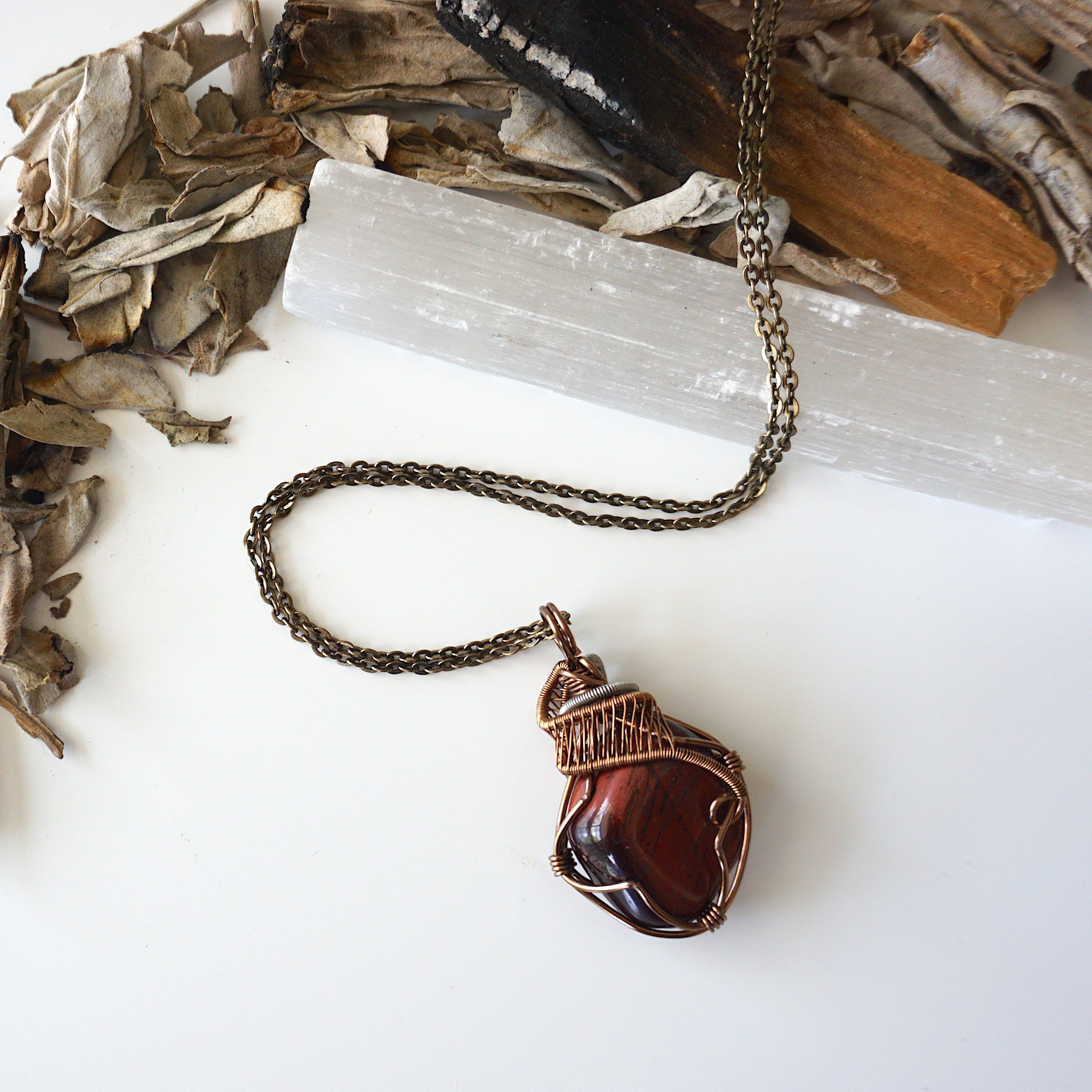 Red Tigers Eye Crystal - 24" Necklace - Antique Bronze and Silver ...